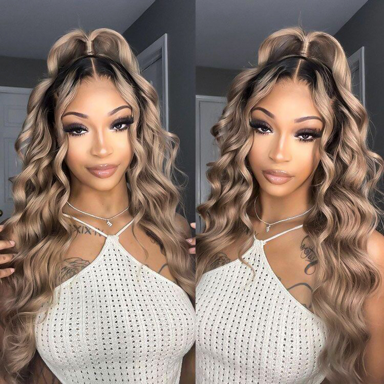 Ash Blonde Wig With Dark Roots Ombre Lace Front Wig West Kiss Hair